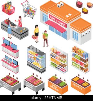 Large supermarket store. Shopping for food and clothing. Set of vector flat characters on a ...