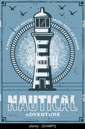 Lighthouse building and seagulls on retro colored background. Nautical ...
