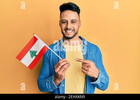 Young arab man holding lebanon flag doing ok sign with fingers, smiling ...