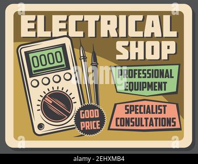 Electrical tools vintage poster, electricity power and energy store ...