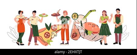 Restaurant kitchen and management professionals tiny cartoon characters ...