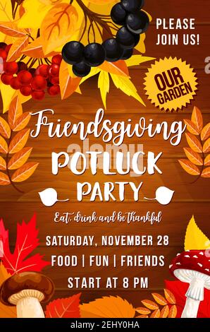Friendsgiving day, potluck party of autumn holiday. Vector fall leaves ...