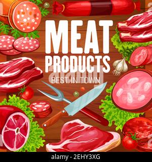 Butchery meat and grocery sausages, meaty products infographic. Vector ...