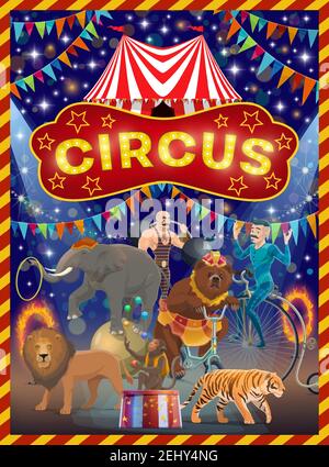 Big Top tent circus performances engraved vector icon set. Tiger tamer ...