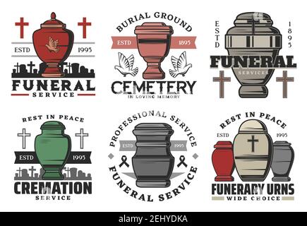 Funeral service icons, cremation columbarium and burial ceremony ...