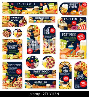 Fast food vector tags with junk meal and drink. Pizza, hamburger and ...