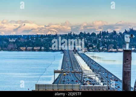 Seattle floating bridges with mountains behind in the evening Stock ...