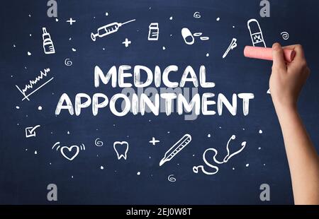 Hand drawing MEDICAL APPOINTMENT inscription with white chalk on ...