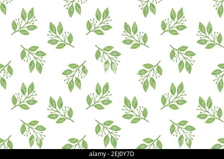 watercolor green fancy leaves, repeat pattern on the white background ...