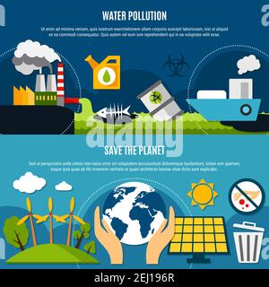 Ecology and pollution horizontal banners set with water pollution ...