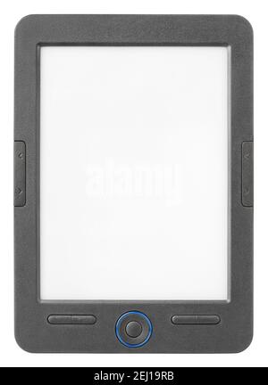 Gray e-reader electronic book in male hands. A man in a blue t-shirt ...