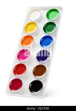 Simple watercolor paints palette isolated on white background, top view ...