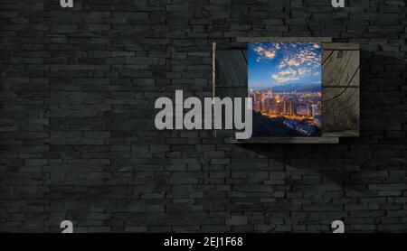 The 3d rendering of window with nice view in brick wall Stock Photo - Alamy