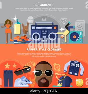 Horizontal banners with rapper style clothing and breakdance isolated ...