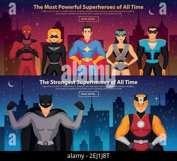 Superhero team horizontal banners set with saving the world symbols ...