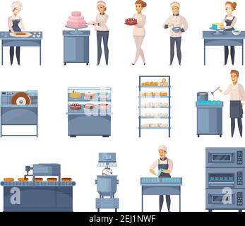 Bakery set of cartoon icons with factory workers, industrial equipment ...