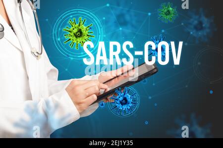 doctor prescribes a prescription with SARS-CoV inscription, pandemic ...
