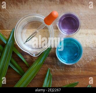 Chemicals for beauty care on wooden background (Top View). Potassium ...