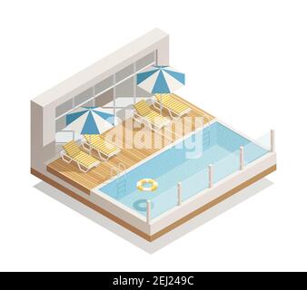 Isometric swimming pool composition with outdoor view of suburban house ...