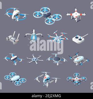 Different isometric 3d drones. Aerial delivery and photo robots vector set. Aircraft robot ...