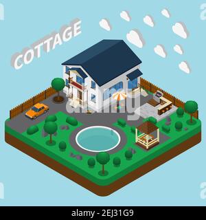 Isometric house composition with images of two-story cottage building ...