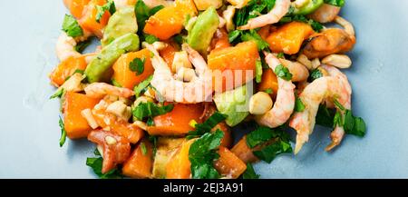 Delicious salad with tamarillo,avocado,shrimp and nuts.Prawn salad with ...