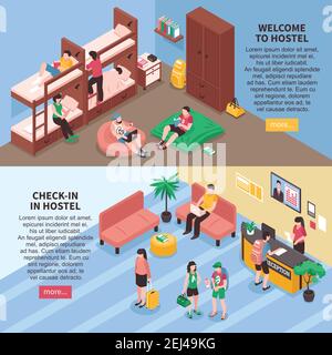 Hostel banner with isometric interior of bedroom in guesthouse. Vector ...