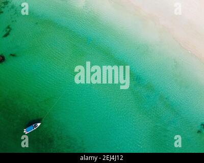 Aerial of a little boat anchoring in the Nuuk Icefjord, Western ...