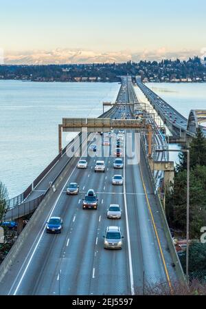 Seattle floating bridges with mountains behind in the evening Stock ...