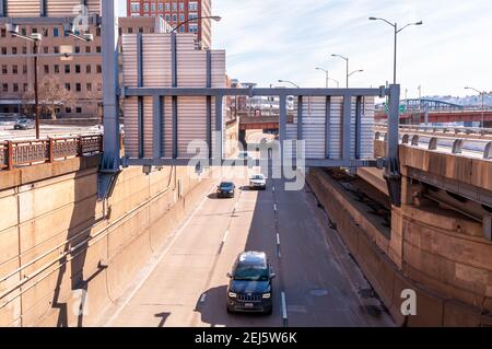 Pittsburgh Pennsylvania route 376 freeway next exit sign with sunset ...