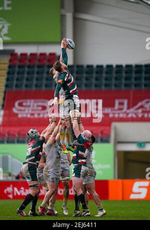 Leicester Tigers' Hanro Liebenberg competes in a line-out during the ...