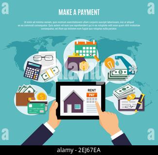 Money flat concept with make a payment headline and app in laptop ...