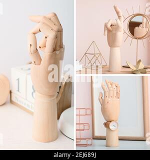 Collage of wooden hand in modern interior Stock Photo - Alamy