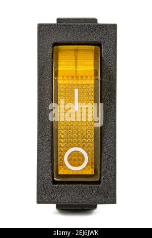 Yellow power switch at ON position, isolated on white background Stock ...