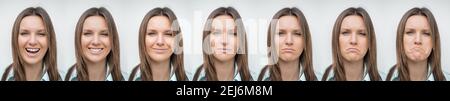 Woman face from extremely sad to happy. Negative and positive emotions ...
