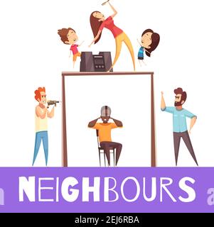Neighbors party cartoon vector illustration with young happy families ...