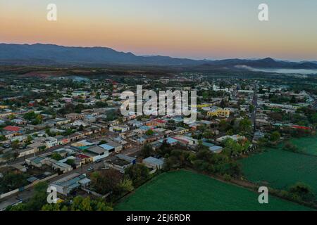 Aerial view of Sahuaripa, Sonora, Mexico. Landscape at sunrise. town ...