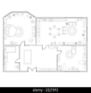 Abstract vector plan of two-bedroom apartment, with kitchen, bathroom ...