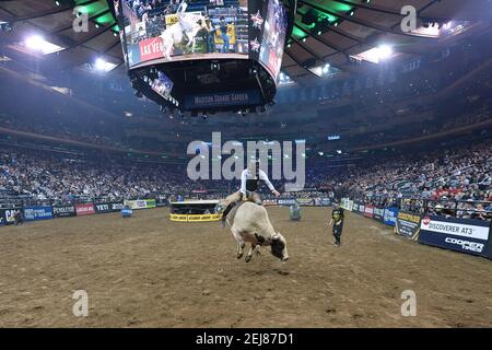 Professional bull rider Brady Fielder rides ”Chuck & Larry” during ...