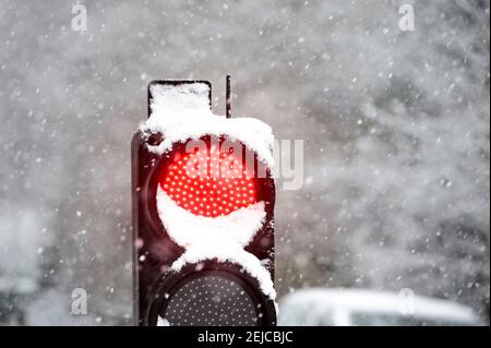Snow gathering on the top of a traffic light on a winter's day in the ...