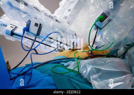 Hysterectomy in the operating room with a robot, view of the surgeon ...