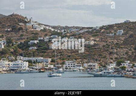 Chora, Ios Island, Greece- 26 September 2020: Boat departing from the ...