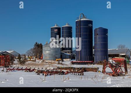 Applegate, Michigan - Harvestore silos on a Michigan farm in winter ...
