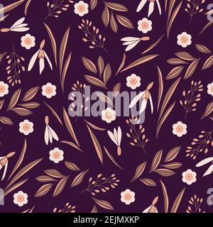 Spring pattern with snowdrop, leaves and small flowers on transparent ...
