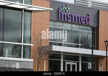 A logo sign outside of the headquarters of Insmed in Bridgewater ...