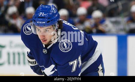 Tampa Bay Lightning center Anthony Cirelli (71) looks up after a fight ...