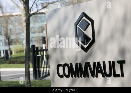 A logo sign outside of the headquarters of Commvault in Tinton Falls ...