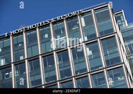 A logo sign outside of the headquarters of Host Hotels & Resorts in ...