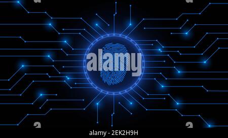 Fingerprint logo with information connecting lines on binary code background - scanning ...