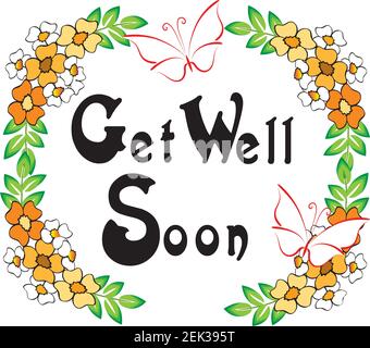 get well soon with vector flowers border design Stock Photo - Alamy